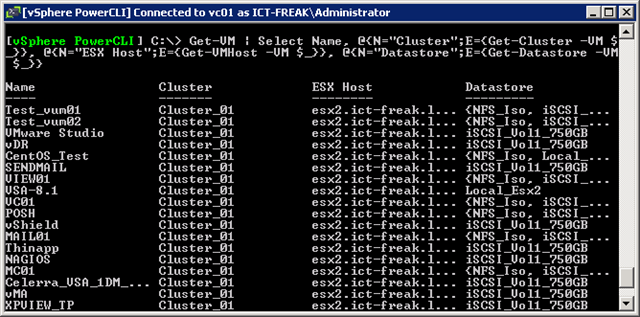 PowerCLI: One-Liner to get VMs, Clusters, ESX Hosts and Datastores – ICT-Freak.nl